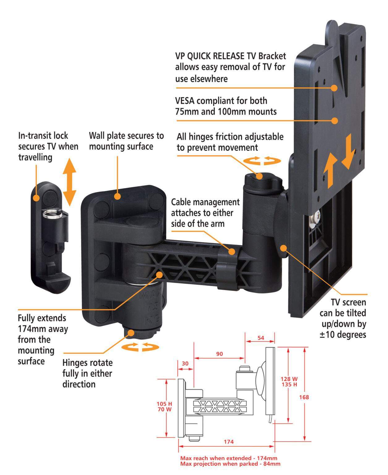VP TV Wall Bracket – SINGLE Arm Quick Release – Vision Plus